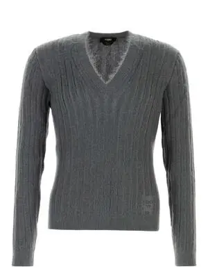 Fendi V-neck Ribbed Mohair Blend Sweater - Grey