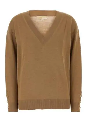 Michael Kors V-neck Button Detailed Merino Wool Sweater - Camel