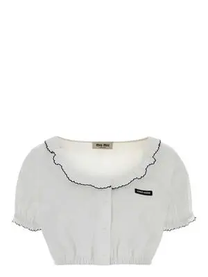 Miu Miu Cropped Poplin Shirt With Ruffle Collar - White