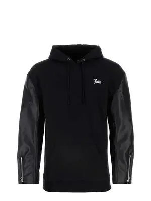 Junya Watanabe Cotton Hoodie With Faux Leather Sleeves And Zipped Cuffs - Black