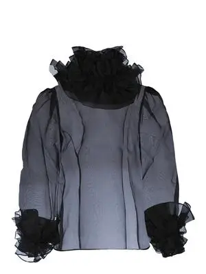 BODE Ruffled Collar Sheer Long Sleeve Shirt - Black