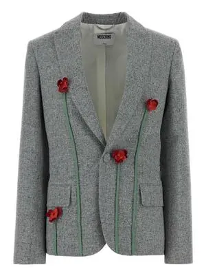 Moschino Silk-blend Melange Blazer With Floral Embellishment - Grey