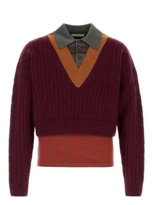 Dries Van Noten Layered Cable Knit Polo Sweater - Bordeaux