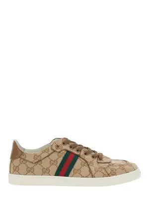 Gucci Leather Lace-up Sneakers With Web Side Detail And Interlocking G Toe Cap - Beige