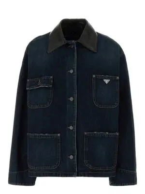 Prada Denim Padded Jacket With Leather Collar - Blue