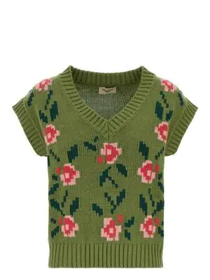 WEEKEND Cotton-blend Knit Vest With Floral Motif - Green
