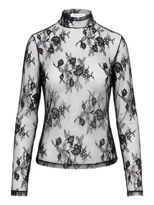 Patrizia Pepe Sheer Lace Turtleneck Top - Nero