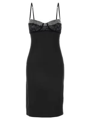 Oseree Stretch Satin Embellished Dress - Black
