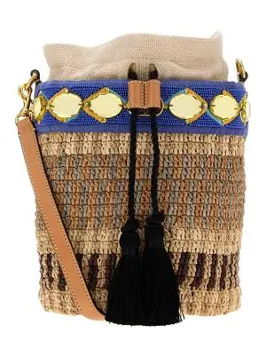 Valentino Garavani Embroidered Raffia Bucket Handbag - Stripped
