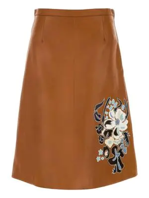 Marni Ovine Leather Embroidered Skirt - Camel