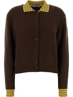 Prada Cashmere Blend Cardigan With Striped Collar - Brown