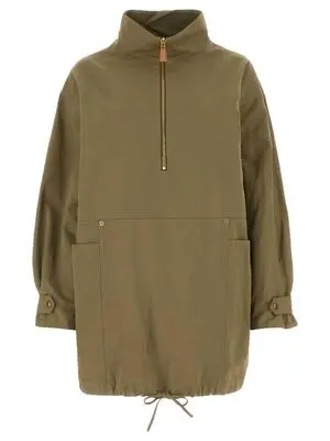 Prada Cotton-linen Mandarin Collar Midi Dress With Zip Detail - Green