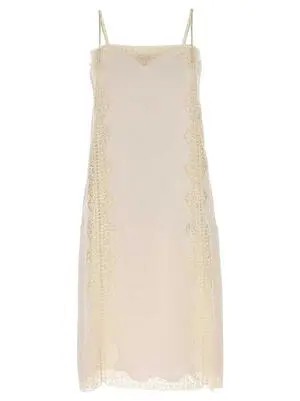 Prada Linen Dress With Cupro-silk Lining And Lace Trim - White