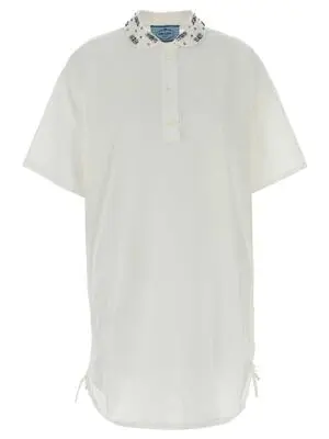 Prada Embellished Poplin Polo Dress - White