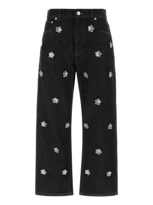Marni Dark Wash Denim Jeans With Floral Embellishments - Blue