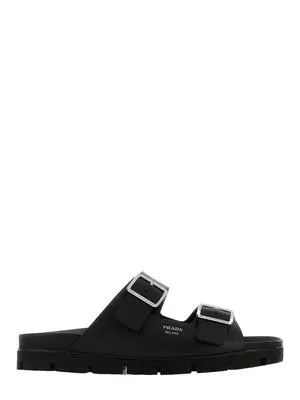 Prada Leather Buckled Slides With Rubber Sole - Black