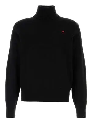 AMI Paris Merino Wool Turtleneck Sweater With Red De Coeur Embroidery - Black
