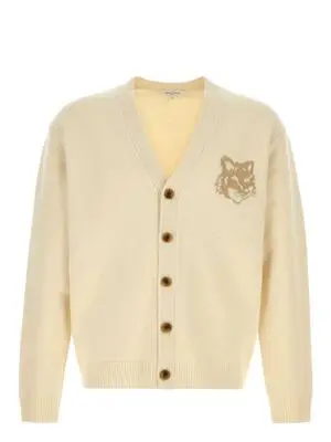 Maison Kitsuné 100% Wool Cardigan With Embroidered Fox Motif - Yellow