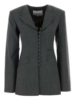 GANNI Twill Blazer With Notched Lapel And Button Detail - Grey