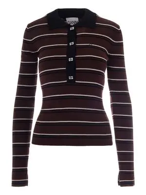 GANNI GANNI Striped Wool Polo Sweater Brown