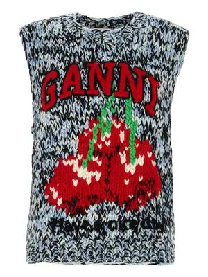 GANNI Wool Oversize Vest With Cherry Motif - Multicoloured