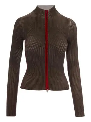 DIESEL® Ribbed Mock Neck Zip-front Sweater - Brown