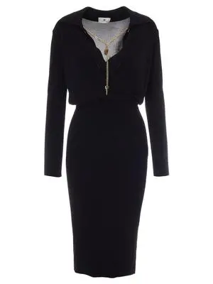 Elisabetta Franchi Long Sleeve Midi Dress With Chain Detail - Nero