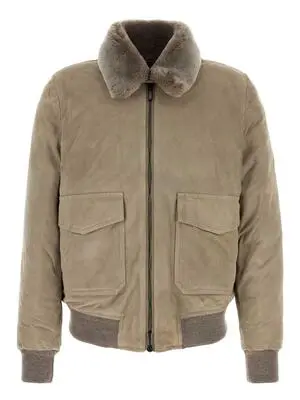 MOORER Suede Bomber Jacket With Fur Collar - Grey