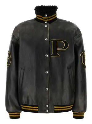Prada Leather Varsity Jacket With Striped Ribbed Collar And Cuffs - Black