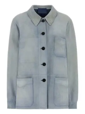 Prada PRADA Soft Suede Leather Jacket With Classic Collar Light Blue