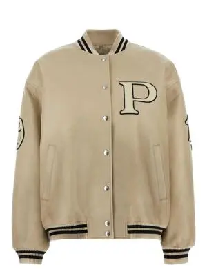 Prada Calf Leather Bomber Jacket With Embroidered Logo - White