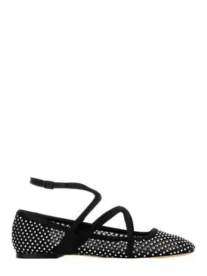JIMMY CHOO Jimmy Choo Embellished Mesh Ballerina Flats With Ankle Strap Black