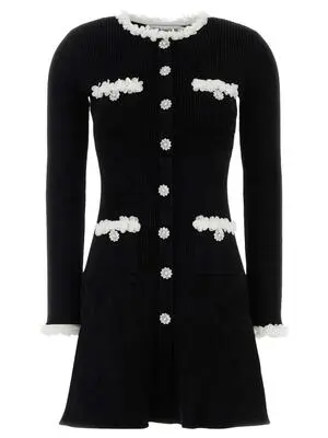 SELF-PORTRAIT Chenille Knit Mini Dress With Flower Trim - Black