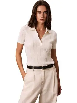 Calvin Klein Ribbed Knit Polo Sweater - Tofu