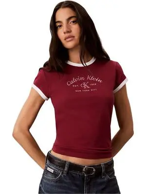 Calvin Klein Stitch Arch Logo Slim Ringer Tee - Rhododendron