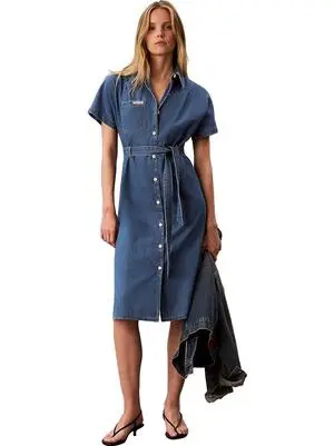 Calvin Klein Denim Belted Shirt Dress - Blue Beverly