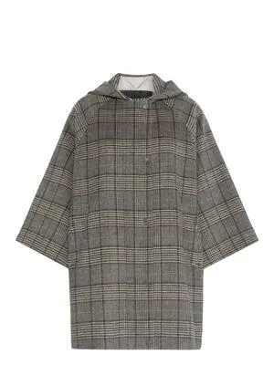 Max Mara Prince Of Wales Check Wool Coat With Hood - Dark Grey