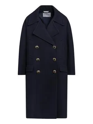 Balenciaga Long Navy Textured Wool Pea Coat - Blue