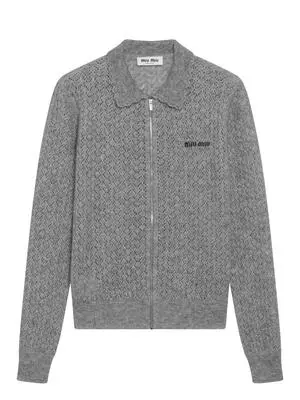 Miu Miu Grey Cashmere And Silk Zip-up Cardigan With Embroidered Collar - Gray
