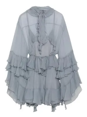 Chloé Powder Silk Mousseline Ruffle Mini Dress - Blue