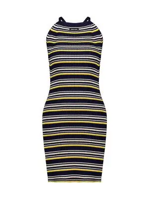 Miu Miu Ribbed Knit Striped Halterneck Dress - Blue