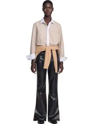 Sandro Striped Cotton Shirt With Embellished Collar - Beige