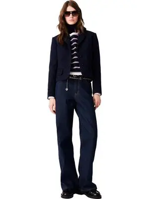 Maje Cropped Suit Jacket With Lurex Stripes - Navy