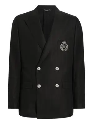 Dolce & Gabbana Double-breasted Linen Jacket With Patch - Black
