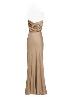 Saint Laurent Backless Cowl Neck Silk Satin Maxi Dress - Sable