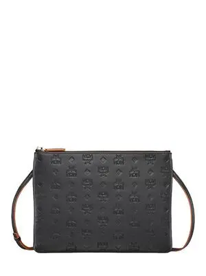 Mcm Aren Logo Embossed Leather Pouch - Black
