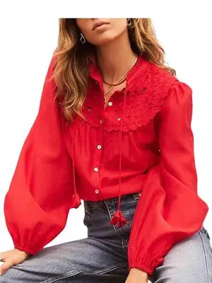 Mint Velvet Floral Detail Cutwork Blouse - Red