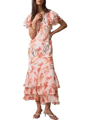 Mint Velvet Floral Ruffle Tie-back Midi Dress - Pink