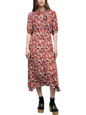 Gerard Darel Floral Tie Neck Midi Dress - Ecru