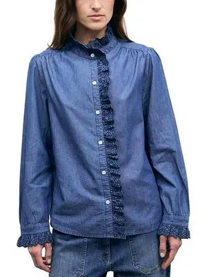 Gerard Darel Cotton Eyelet Ruffle Blouse - Blue
